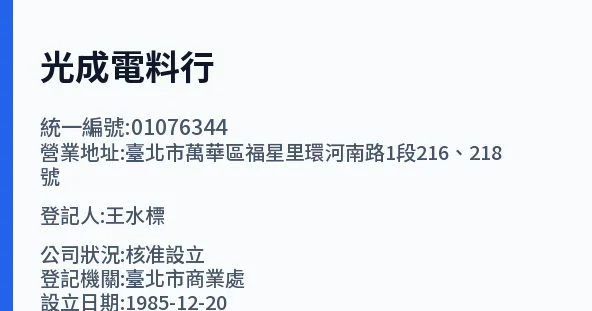 光成電料行的照片-統編 01076344(臺北市) 公司登記資料與營業項目詳細圖表