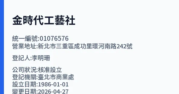 金時代工藝社的照片-統編 01076576(新北市) 公司登記資料與營業項目詳細圖表