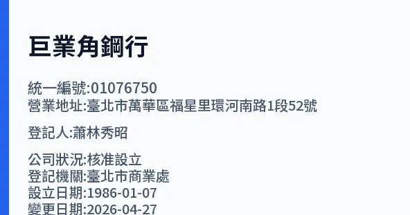 巨業角鋼行的照片-統編 01076750(臺北市) 公司登記資料與營業項目詳細圖表