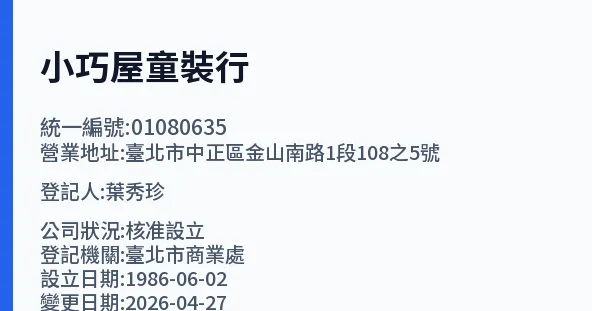 小巧屋童裝行的照片-統編 01080635(臺北市) 公司登記資料與營業項目詳細圖表