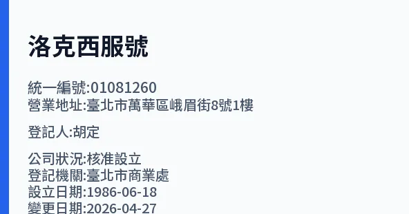 洛克西服號的照片-統編 01081260(臺北市) 公司登記資料與營業項目詳細圖表
