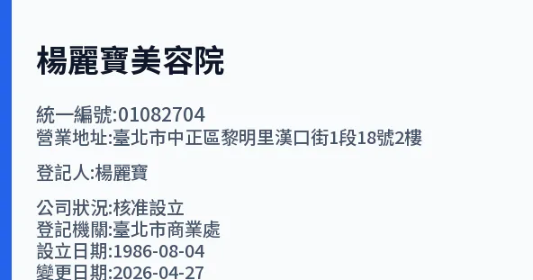 楊麗寶美容院的照片-統編 01082704(臺北市) 公司登記資料與營業項目詳細圖表