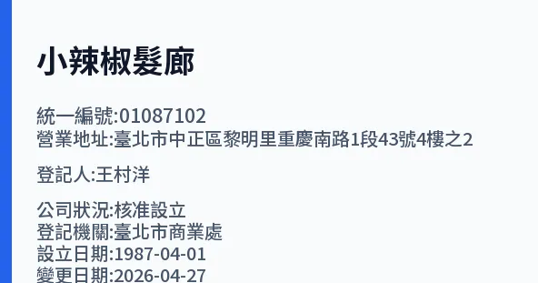小辣椒髮廊的照片-統編 01087102(臺北市) 公司登記資料與營業項目詳細圖表