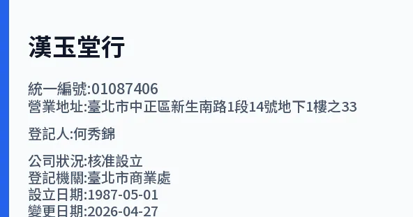 漢玉堂行的照片-統編 01087406(臺北市) 公司登記資料與營業項目詳細圖表
