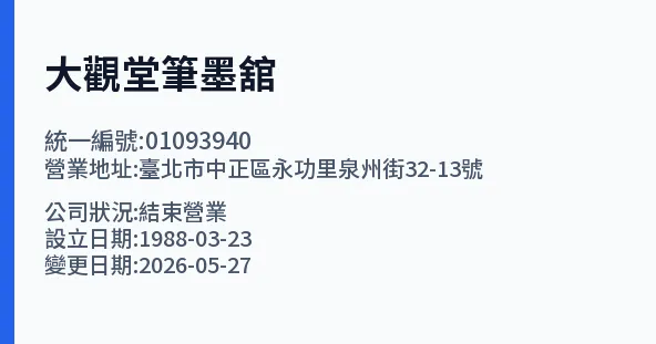 大觀堂筆墨舘的照片-統編 01093940(臺北市) 公司登記資料與營業項目詳細圖表