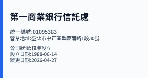 第一商業銀行信託處的照片-統編 01095383(臺北市) 公司登記資料與營業項目詳細圖表