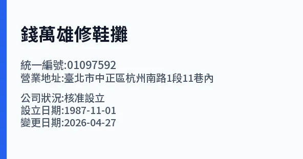錢萬雄修鞋攤的照片-統編 01097592(臺北市) 公司登記資料與營業項目詳細圖表