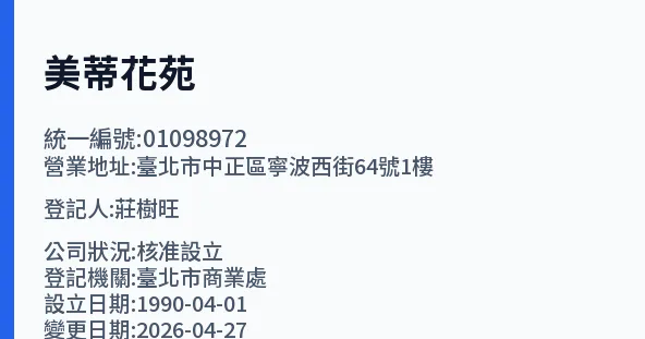 美蒂花苑的照片-統編 01098972(臺北市) 公司登記資料與營業項目詳細圖表