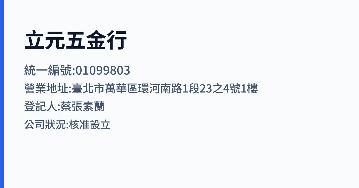 立元五金行 - 統編 01099803(臺北市) 公司登記資料與營業項目詳細圖表
