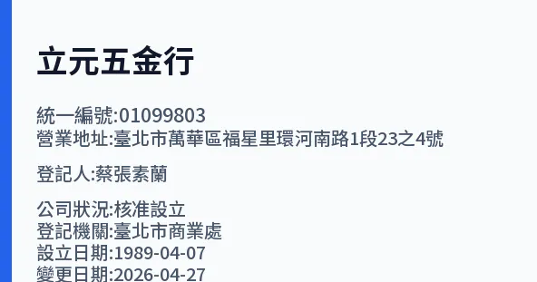 立元五金行的照片-統編 01099803(臺北市) 公司登記資料與營業項目詳細圖表
