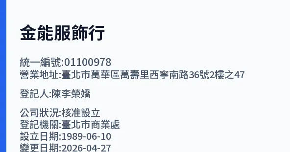 金能服飾行的照片-統編 01100978(臺北市) 公司登記資料與營業項目詳細圖表