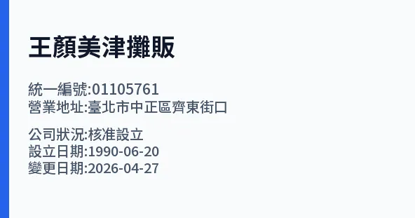 王顏美津攤販的照片-統編 01105761(臺北市) 公司登記資料與營業項目詳細圖表