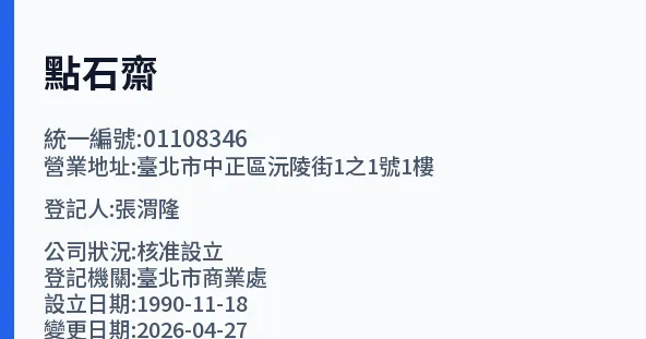 點石齋的照片-統編 01108346(臺北市) 公司登記資料與營業項目詳細圖表