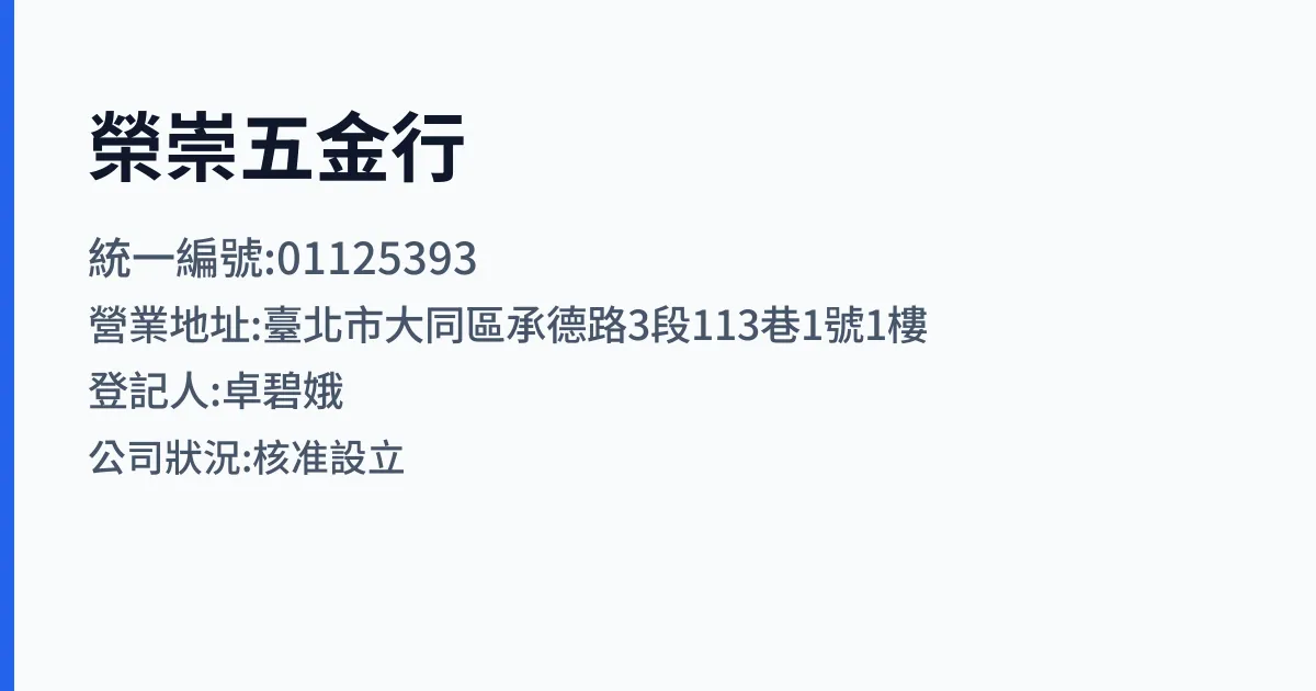 榮崇五金行 - 統編 01125393(臺北市) 公司登記資料與營業項目詳細圖表