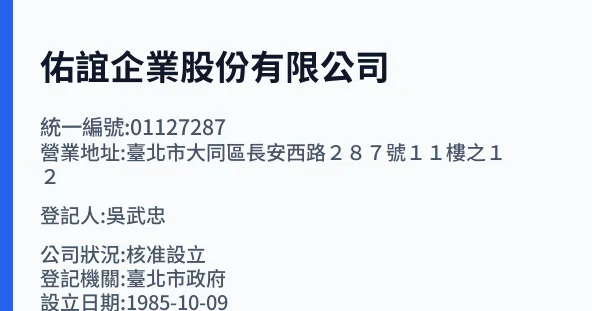 佑誼企業股份有限公司的照片-統編 01127287(臺北市) 公司登記資料與營業項目詳細圖表