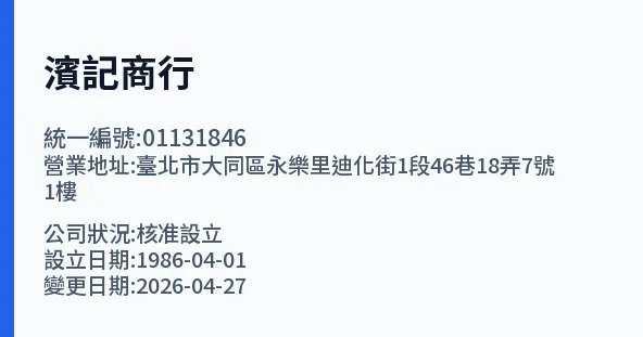 濱記商行的照片-統編 01131846(臺北市) 公司登記資料與營業項目詳細圖表