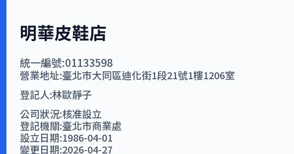 明華皮鞋店的照片-統編 01133598(臺北市) 公司登記資料與營業項目詳細圖表