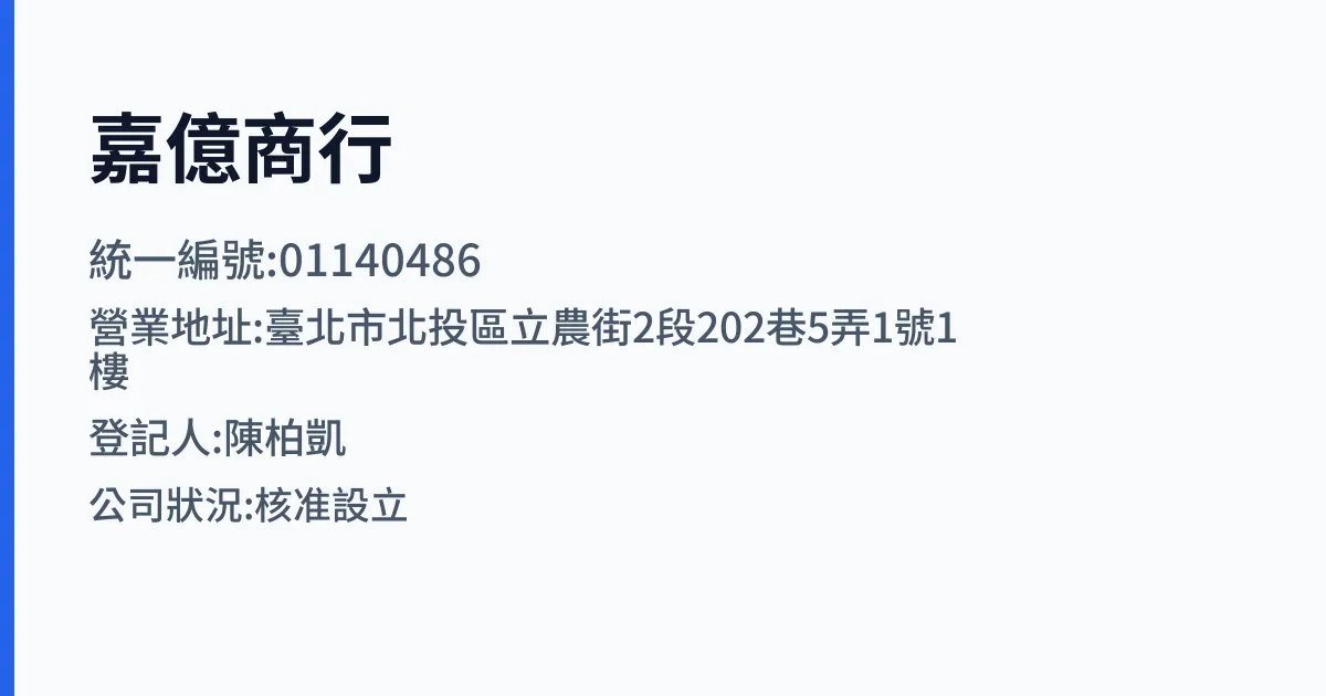嘉億商行 - 統編 01140486(臺北市) 公司登記資料與營業項目詳細圖表
