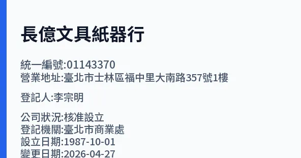長億文具紙器行的照片-統編 01143370(臺北市) 公司登記資料與營業項目詳細圖表