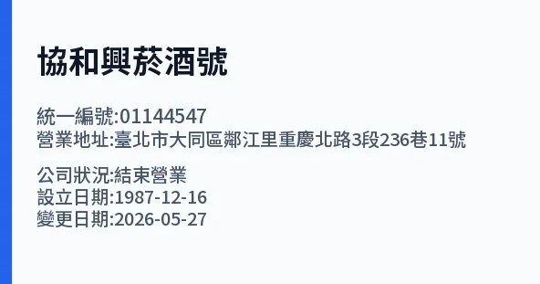 協和興菸酒號的照片-統編 01144547(臺北市) 公司登記資料與營業項目詳細圖表