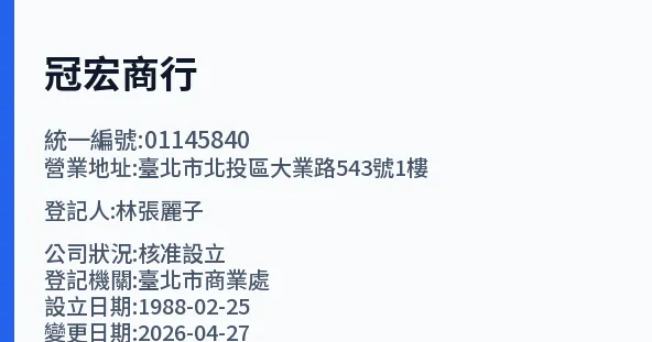 冠宏商行的照片-統編 01145840(臺北市) 公司登記資料與營業項目詳細圖表