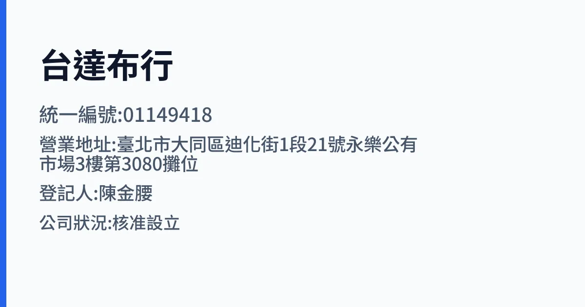 台達布行 - 統編 01149418(臺北市) 公司登記資料與營業項目詳細圖表