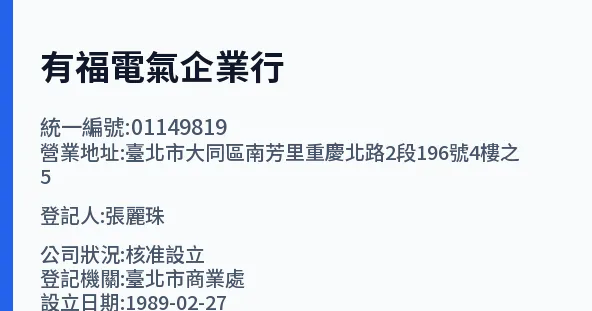 有福電氣企業行的照片-統編 01149819(臺北市) 公司登記資料與營業項目詳細圖表