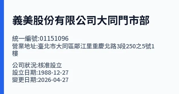 義美股份有限公司大同門市部的照片-統編 01151096(臺北市) 公司登記資料與營業項目詳細圖表