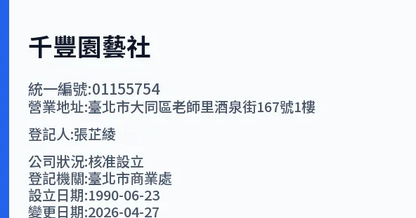 千豐園藝社的照片-統編 01155754(臺北市) 公司登記資料與營業項目詳細圖表