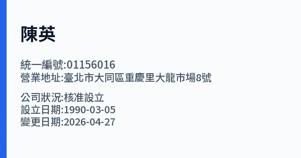 陳英的照片-統編 01156016(臺北市) 公司登記資料與營業項目詳細圖表