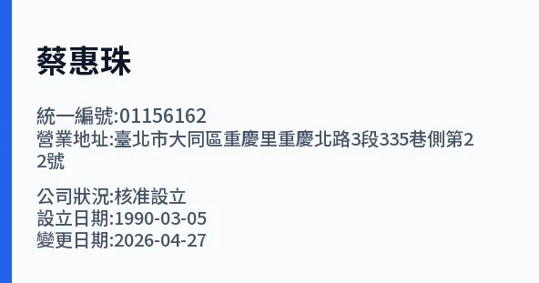 蔡惠珠的照片-統編 01156162(臺北市) 公司登記資料與營業項目詳細圖表