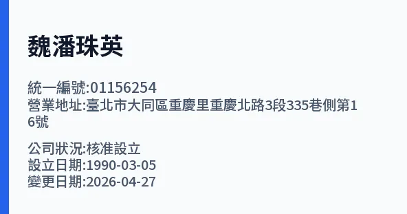 魏潘珠英的照片-統編 01156254(臺北市) 公司登記資料與營業項目詳細圖表
