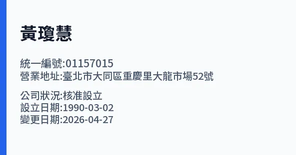 黃瓊慧的照片-統編 01157015(臺北市) 公司登記資料與營業項目詳細圖表