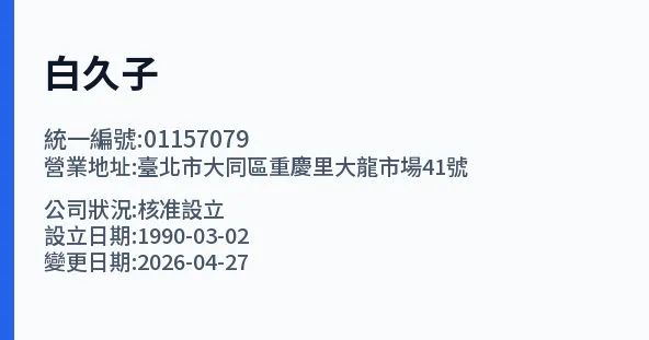 白久子的照片-統編 01157079(臺北市) 公司登記資料與營業項目詳細圖表