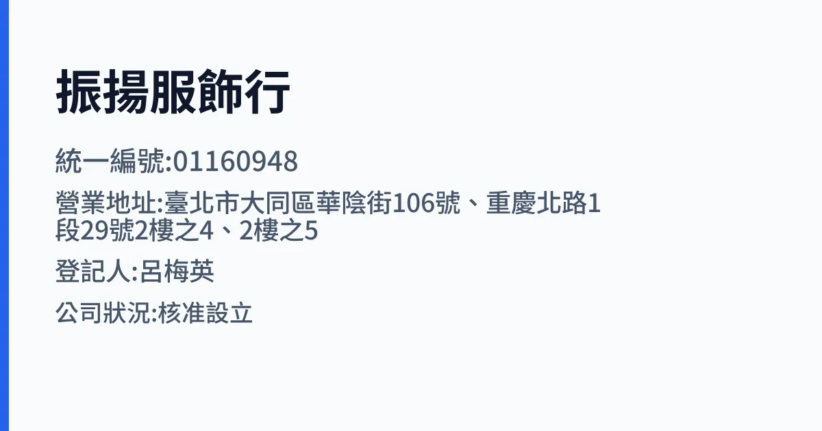 振揚服飾行 - 統編 01160948（臺北市） 公司登記資料與營業項目詳細圖表