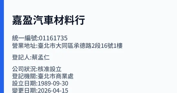 嘉盈汽車材料行的照片-統編 01161735(臺北市) 公司登記資料與營業項目詳細圖表