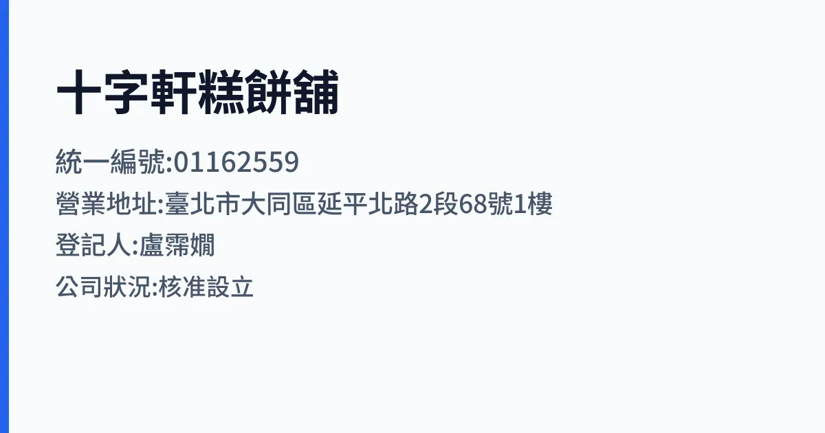 十字軒糕餅舖 - 統編 01162559(臺北市) 公司登記資料與營業項目詳細圖表