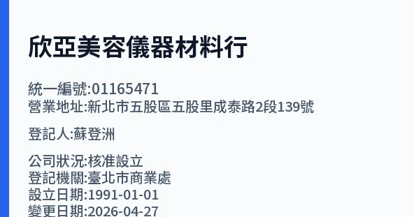 欣亞美容儀器材料行的照片-統編 01165471(新北市) 公司登記資料與營業項目詳細圖表