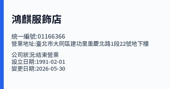 鴻麒服飾店的照片-統編 01166366(臺北市) 公司登記資料與營業項目詳細圖表