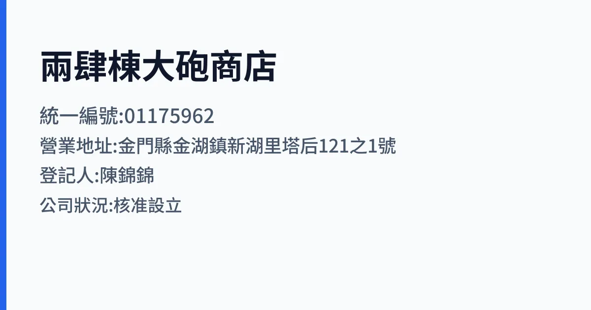 兩肆棟大砲商店 - 統編 01175962(金門縣) 公司登記資料與營業項目詳細圖表