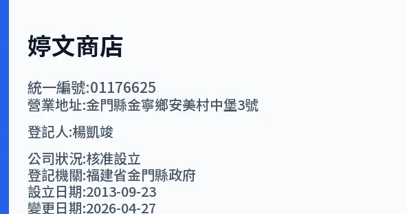 婷文商店的照片-統編 01176625(金門縣) 公司登記資料與營業項目詳細圖表