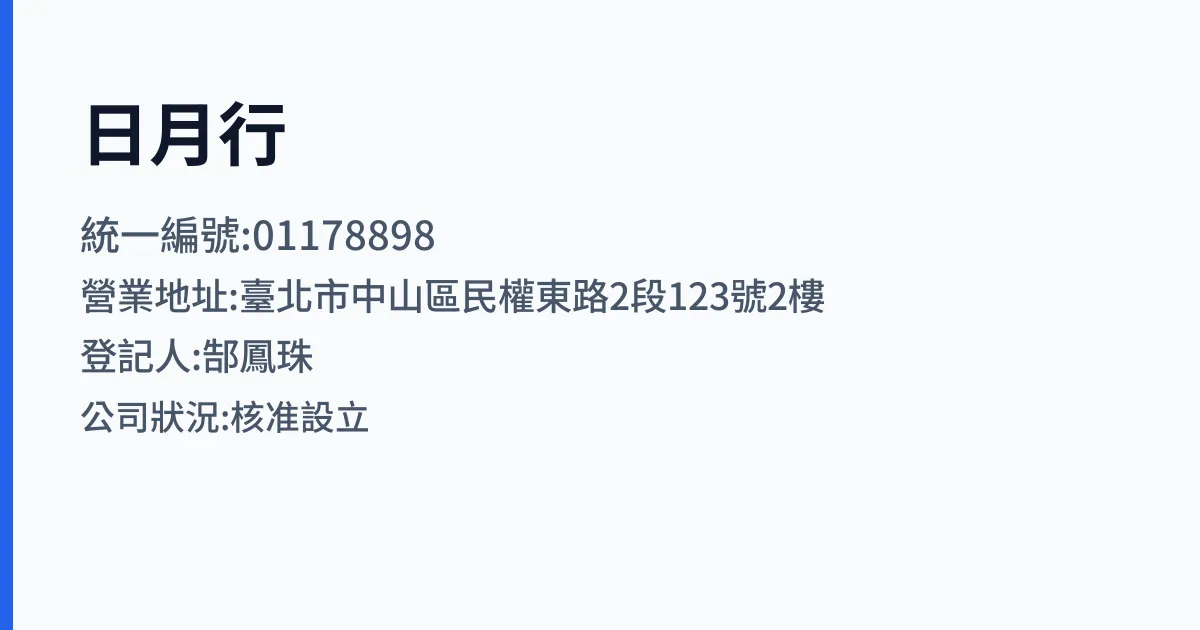 日月行 - 統編 01178898(臺北市) 公司登記資料與營業項目詳細圖表