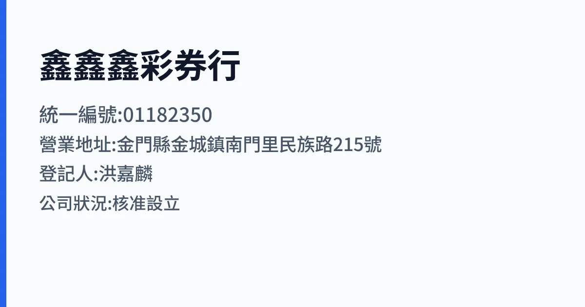 鑫鑫鑫彩券行 - 統編 01182350(金門縣) 公司登記資料與營業項目詳細圖表