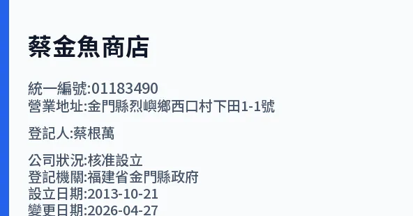 蔡金魚商店的照片-統編 01183490(金門縣) 公司登記資料與營業項目詳細圖表