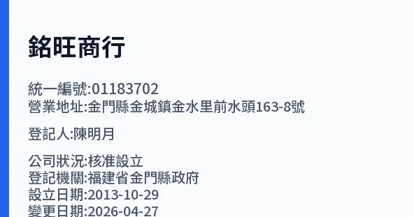 銘旺商行的照片-統編 01183702(金門縣) 公司登記資料與營業項目詳細圖表