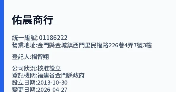 佑晨商行的照片-統編 01186222(金門縣) 公司登記資料與營業項目詳細圖表