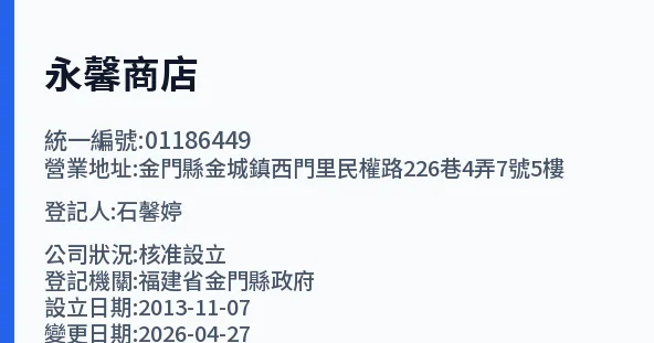 永馨商店的照片-統編 01186449(金門縣) 公司登記資料與營業項目詳細圖表