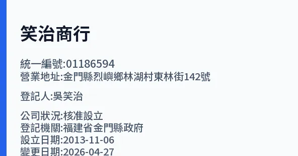 笑治商行的照片-統編 01186594(金門縣) 公司登記資料與營業項目詳細圖表