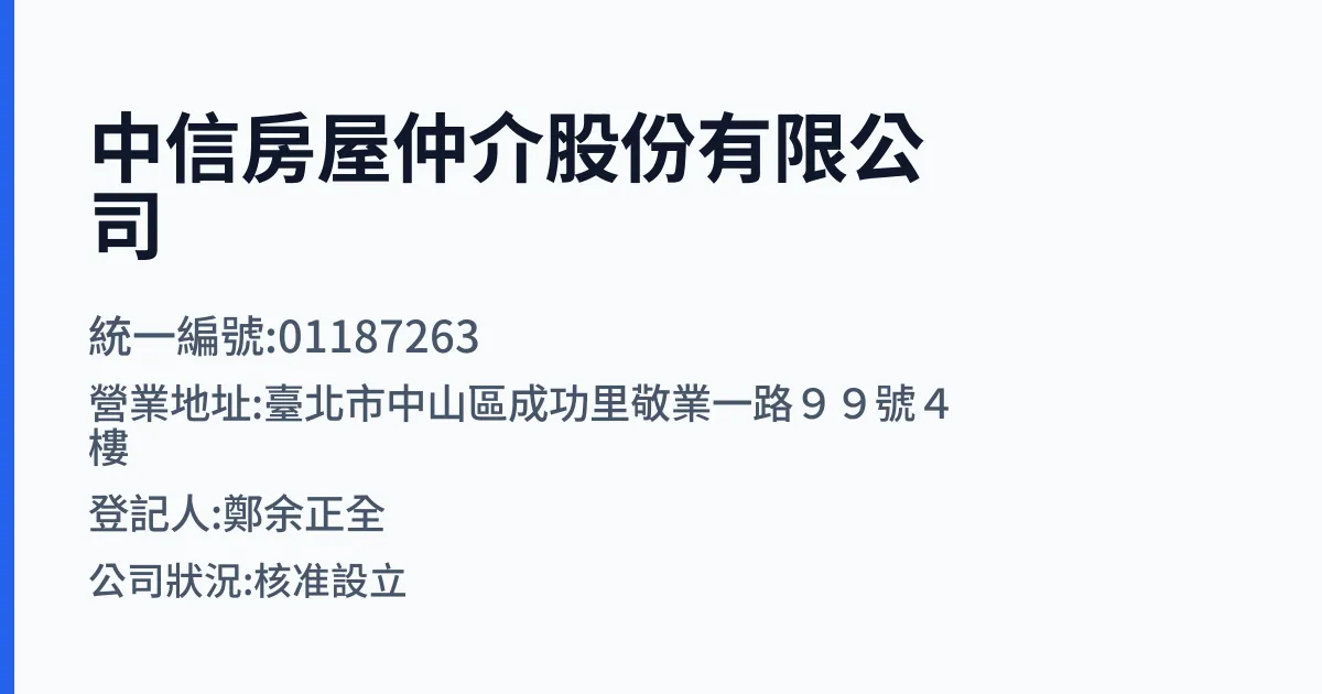中信房屋仲介股份有限公司 - 統編 01187263(臺北市) 公司登記資料與營業項目詳細圖表