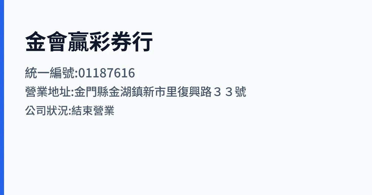 金會贏彩券行 - 統編 01187616(金門縣) 公司登記資料與營業項目詳細圖表